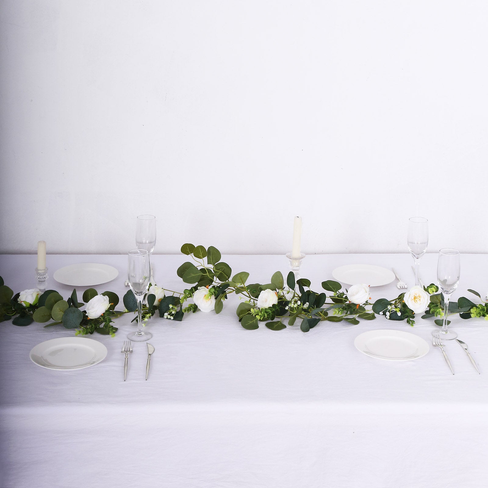 Artificial Eucalyptus Leaf Table Garland With 7 White Rose Flower Head ...