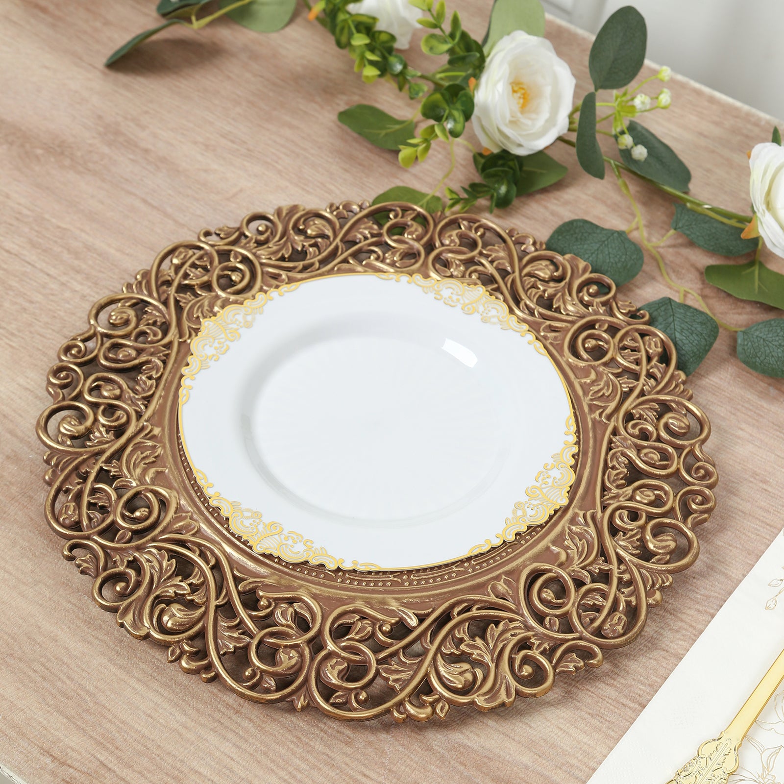 Vintage Floral Acrylic Charger Plates With Carved Borders – eHomemart