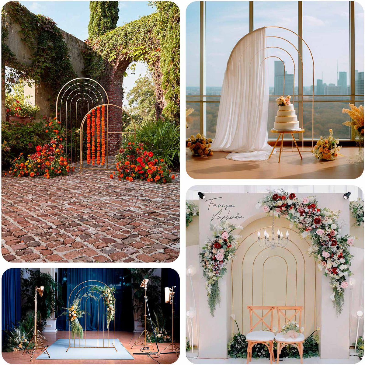 Gold Metal Multi-Layered Round Top Chiara Backdrop Stand, Rainbow Flor ...