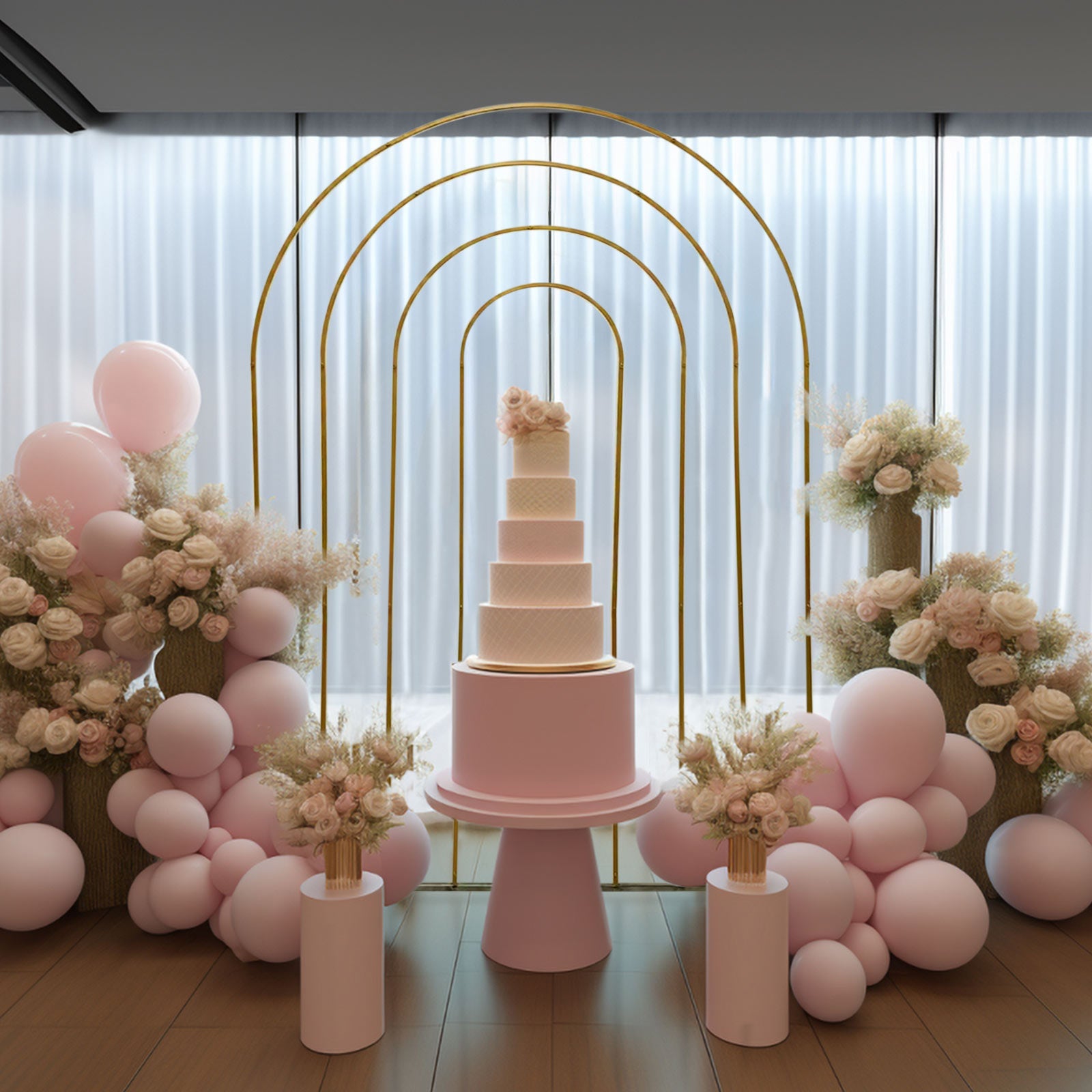 Gold Metal Multi-Layered Round Top Chiara Backdrop Stand, Rainbow Flor ...