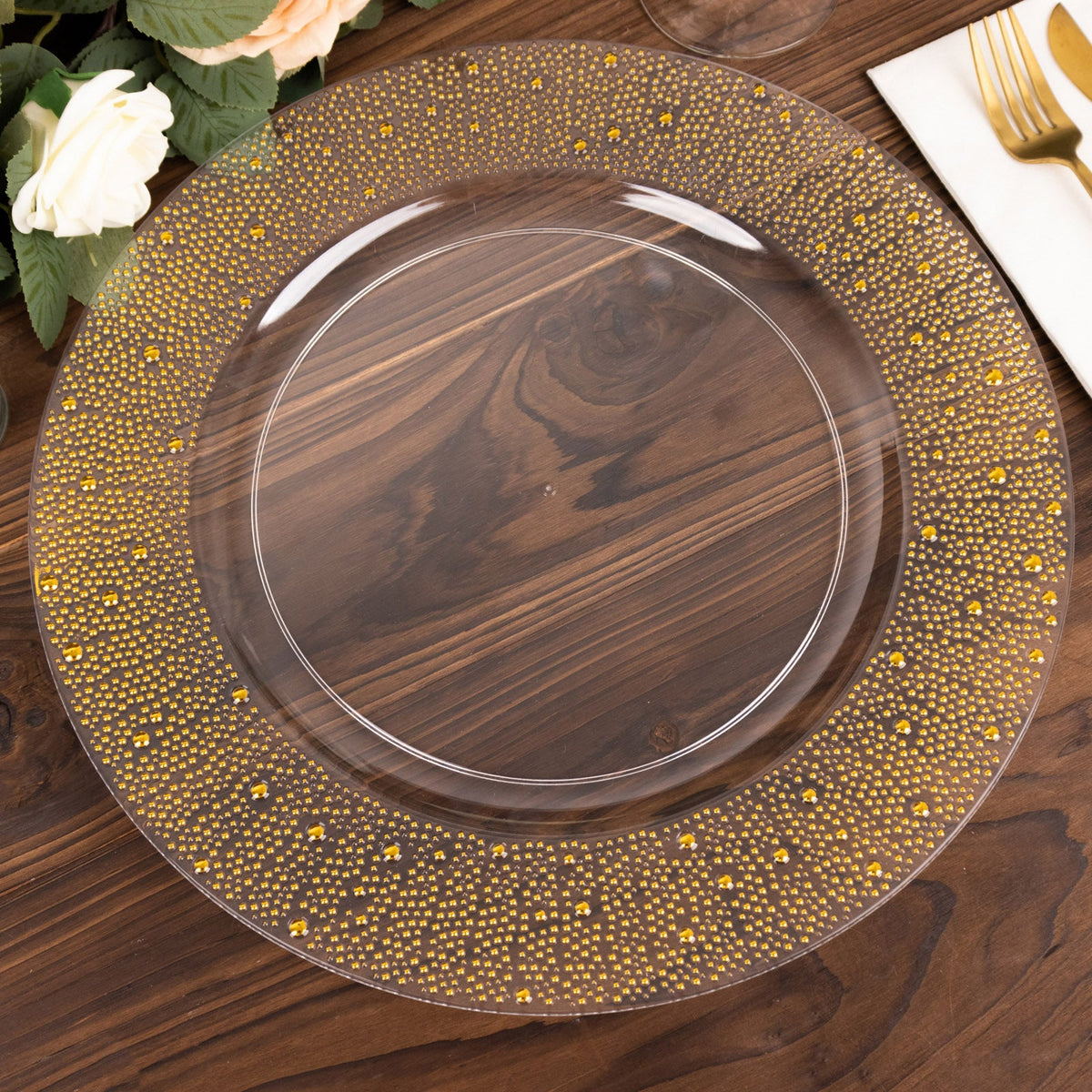 Clear / Gold Pearl Beaded Plastic Charger Plates | eHomemart