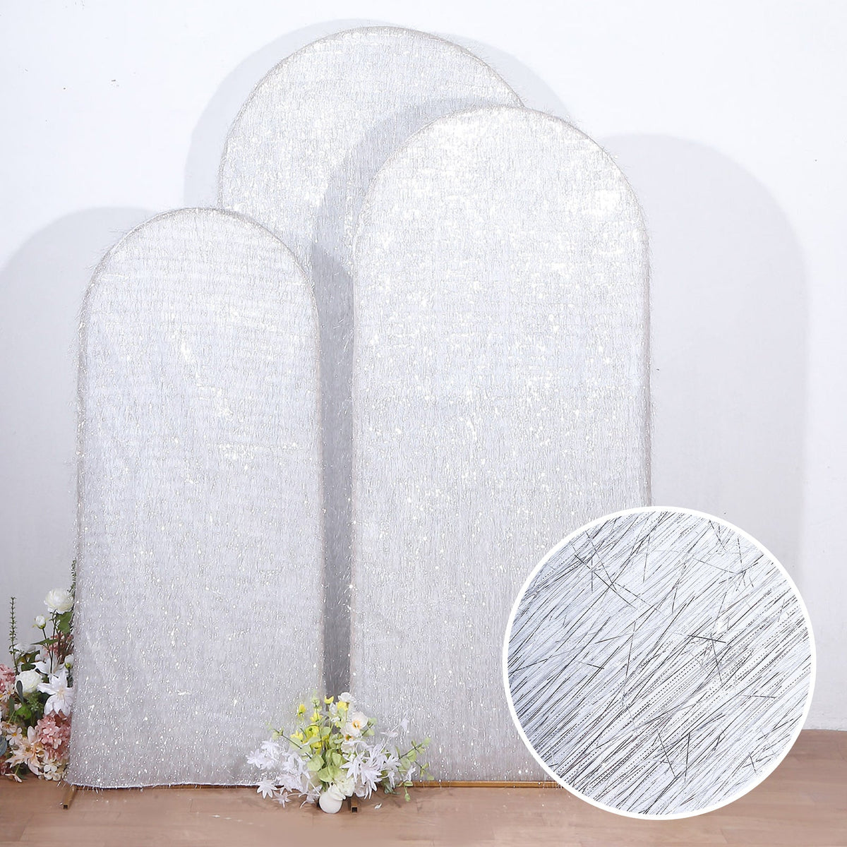 Set of 3 Metallic Fringe Chiara Backdrop Stand Covers With Tinsel Shag ...