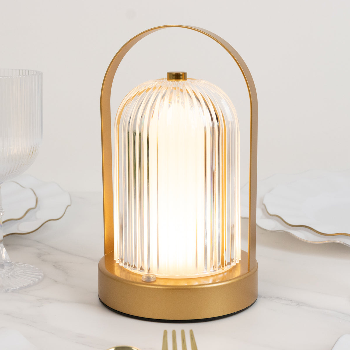 8" Cordless Gold LED Table Lamp with Ribbed Acrylic Shade & Metal Base ...