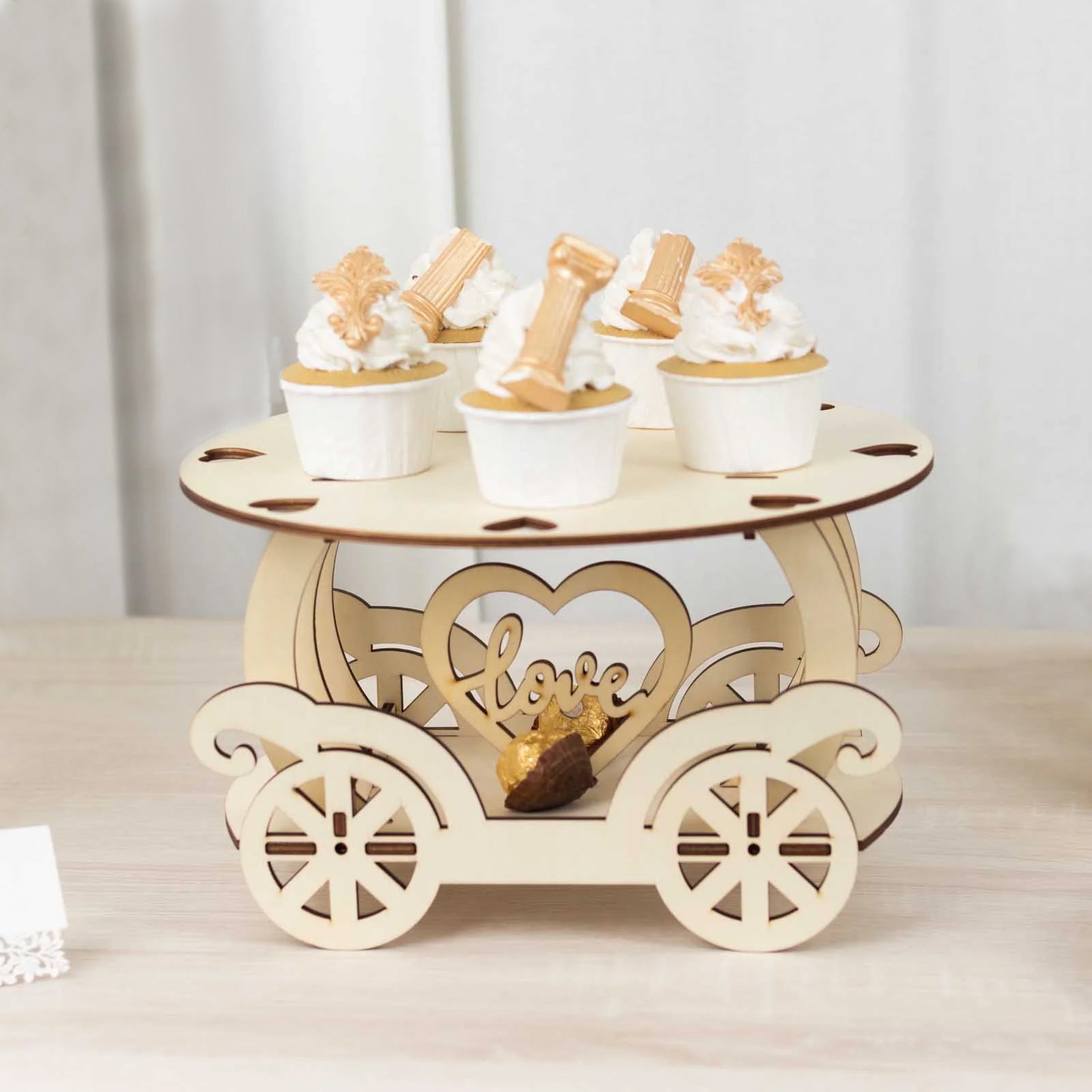 Natural Wooden Carriage Display Stand, Laser Cut Dessert Holder – eHomemart