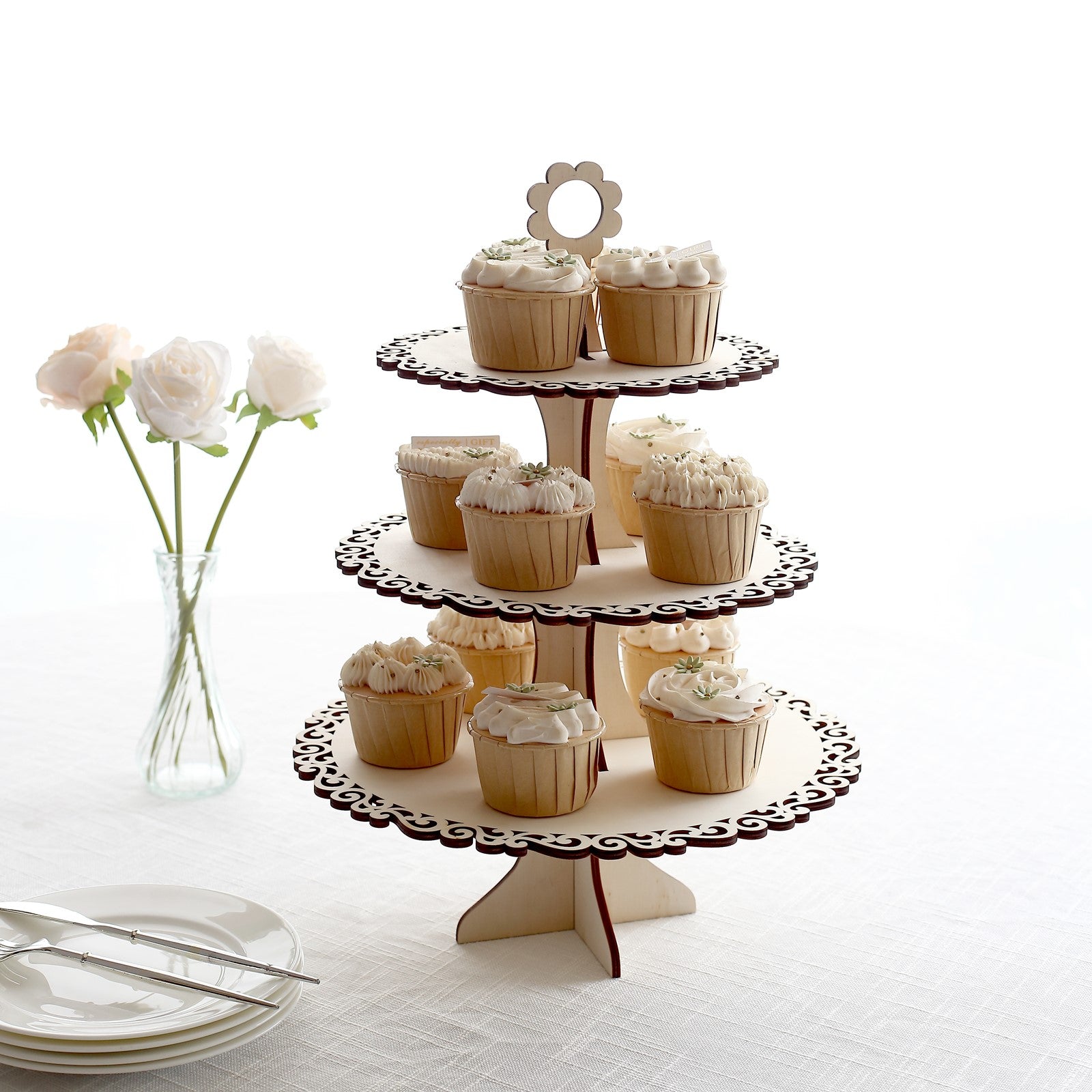 3-Tier Natural Wooden Dessert Display Stand with Floral Edge, Rustic R ...
