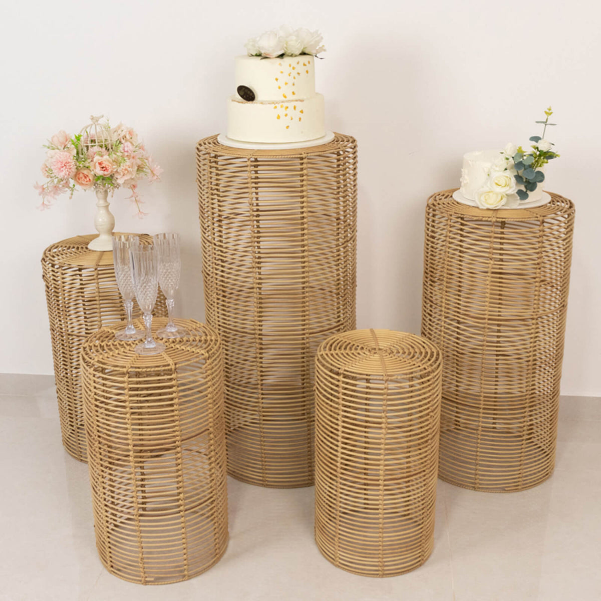 Set of 5 Natural Woven Rattan Wicker Plant Stands, Farmhouse Side Table ...