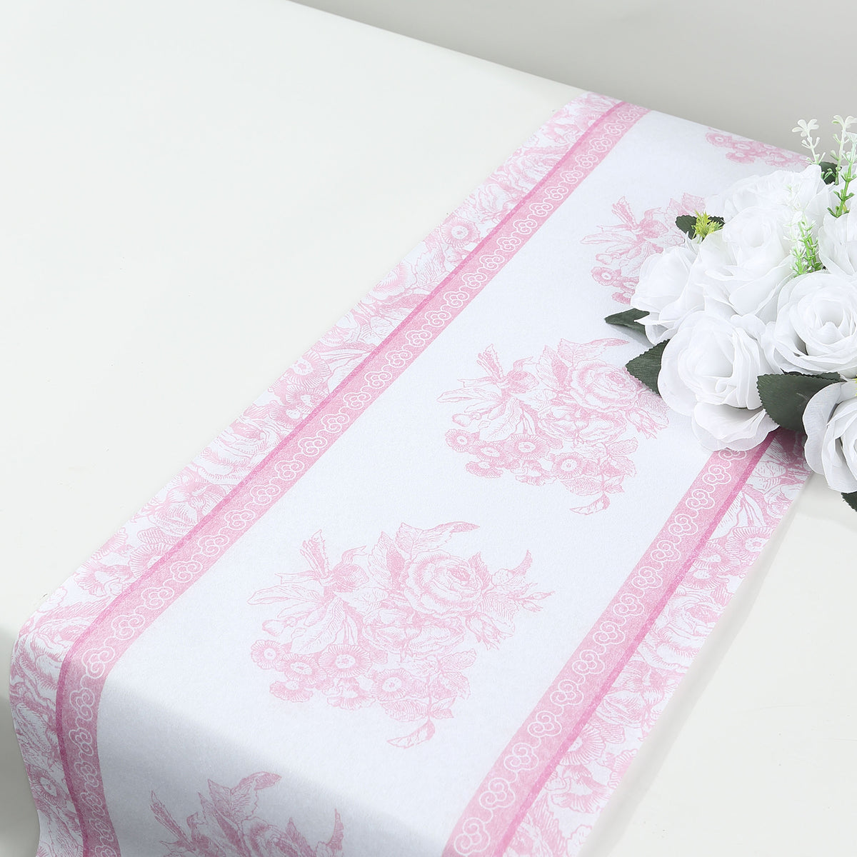 5 Pack White Pink Floral Pattern Disposable Table Runners with Ornate ...