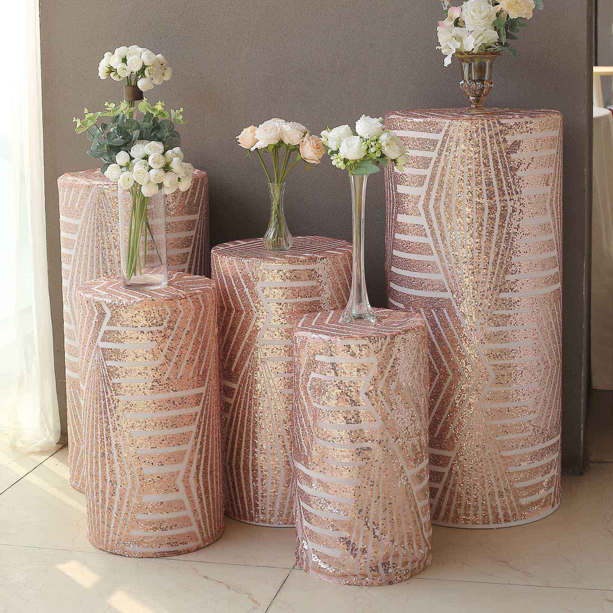 Set of 5 Sequin Mesh Cylinder Display Box Stand Covers with Geometric ...