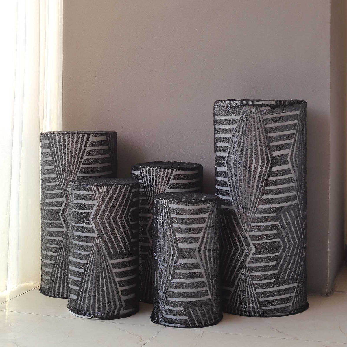 Set of 5 Sequin Mesh Cylinder Display Box Stand Covers with Geometric ...