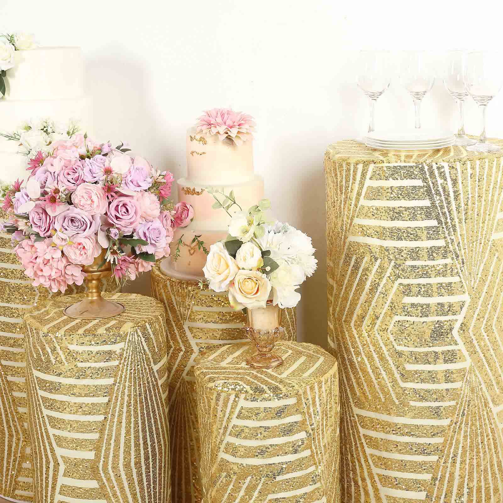 Set of 5 Sequin Mesh Cylinder Display Box Stand Covers with Geometric ...