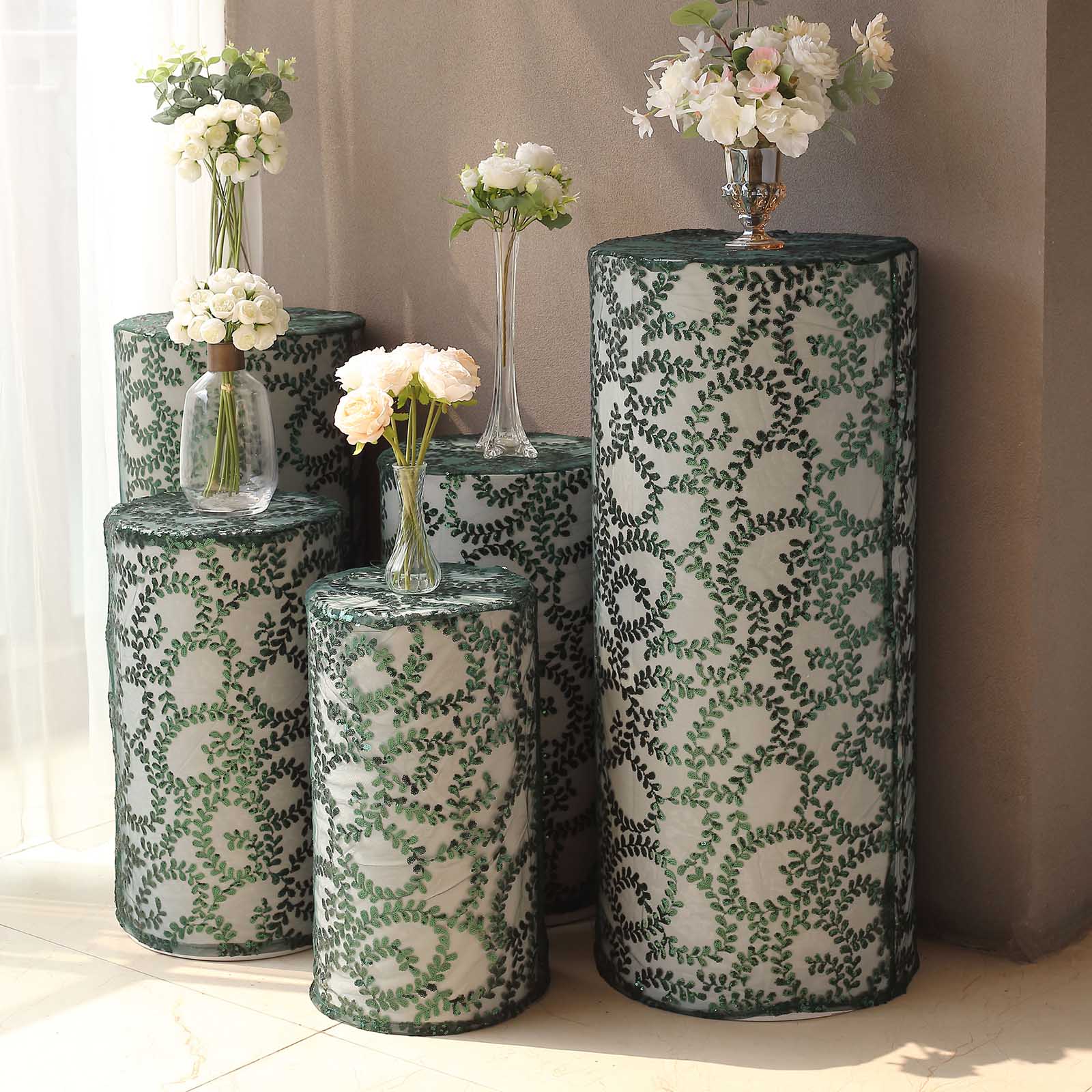 Set of 5 Sequin Mesh Cylinder Display Box Stand Covers with Leaf Vine ...