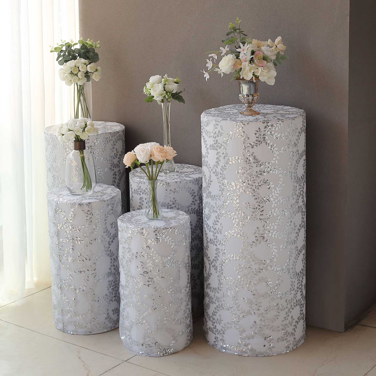 Set of 5 Sequin Mesh Cylinder Display Box Stand Covers with Leaf Vine ...