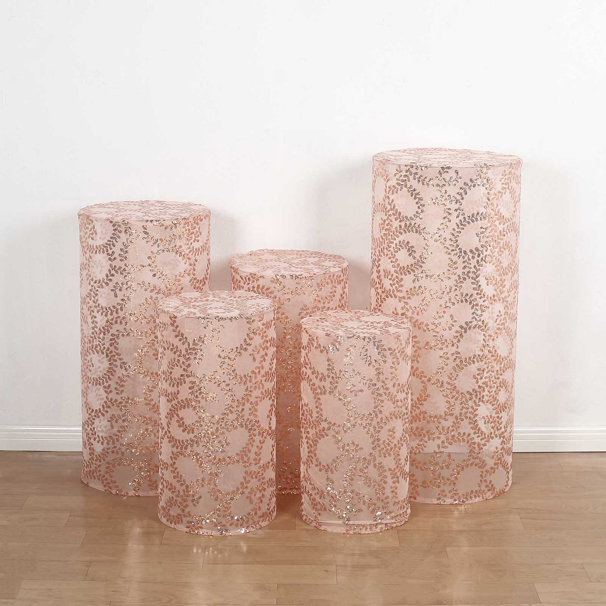 Set of 5 Sequin Mesh Cylinder Display Box Stand Covers with Leaf Vine ...