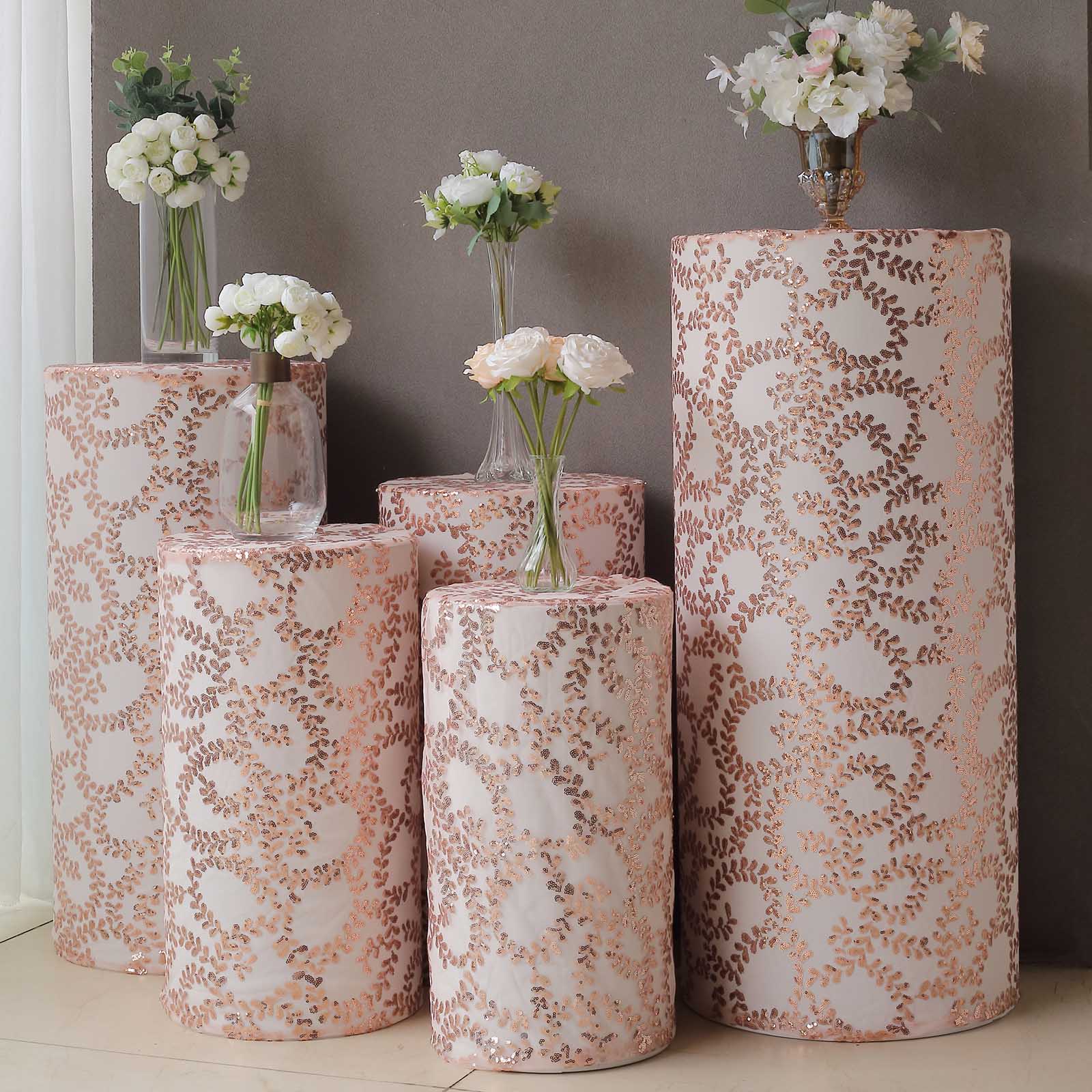 Set of 5 Sequin Mesh Cylinder Display Box Stand Covers with Leaf Vine ...