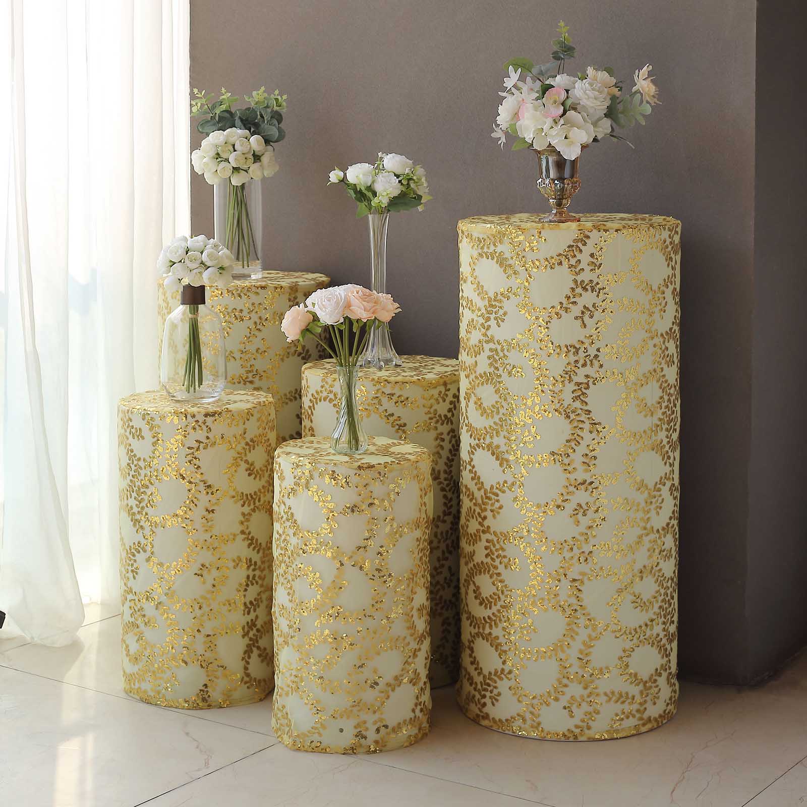 Set of 5 Sequin Mesh Cylinder Display Box Stand Covers with Leaf Vine ...