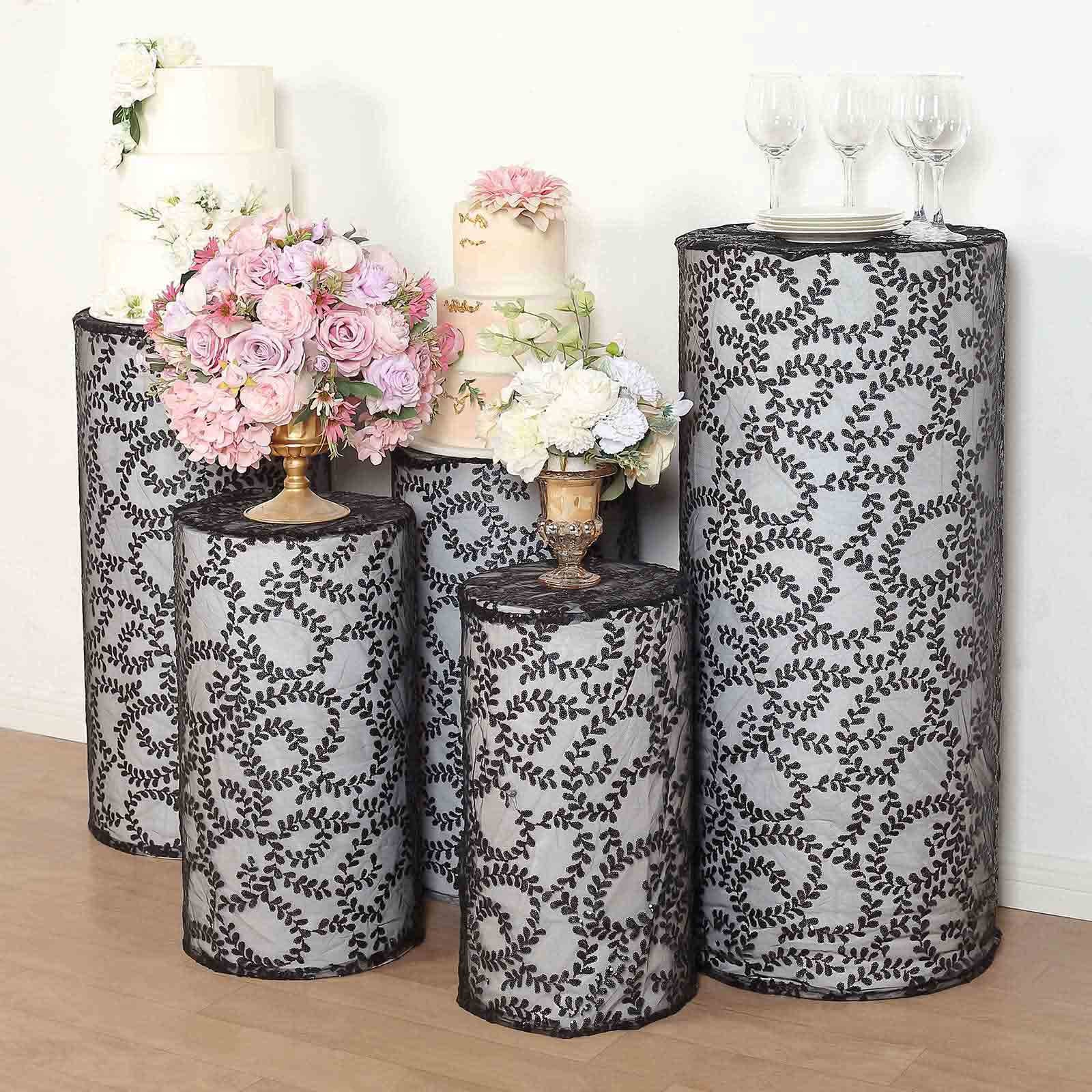 Set of 5 Sequin Mesh Cylinder Display Box Stand Covers with Leaf Vine ...