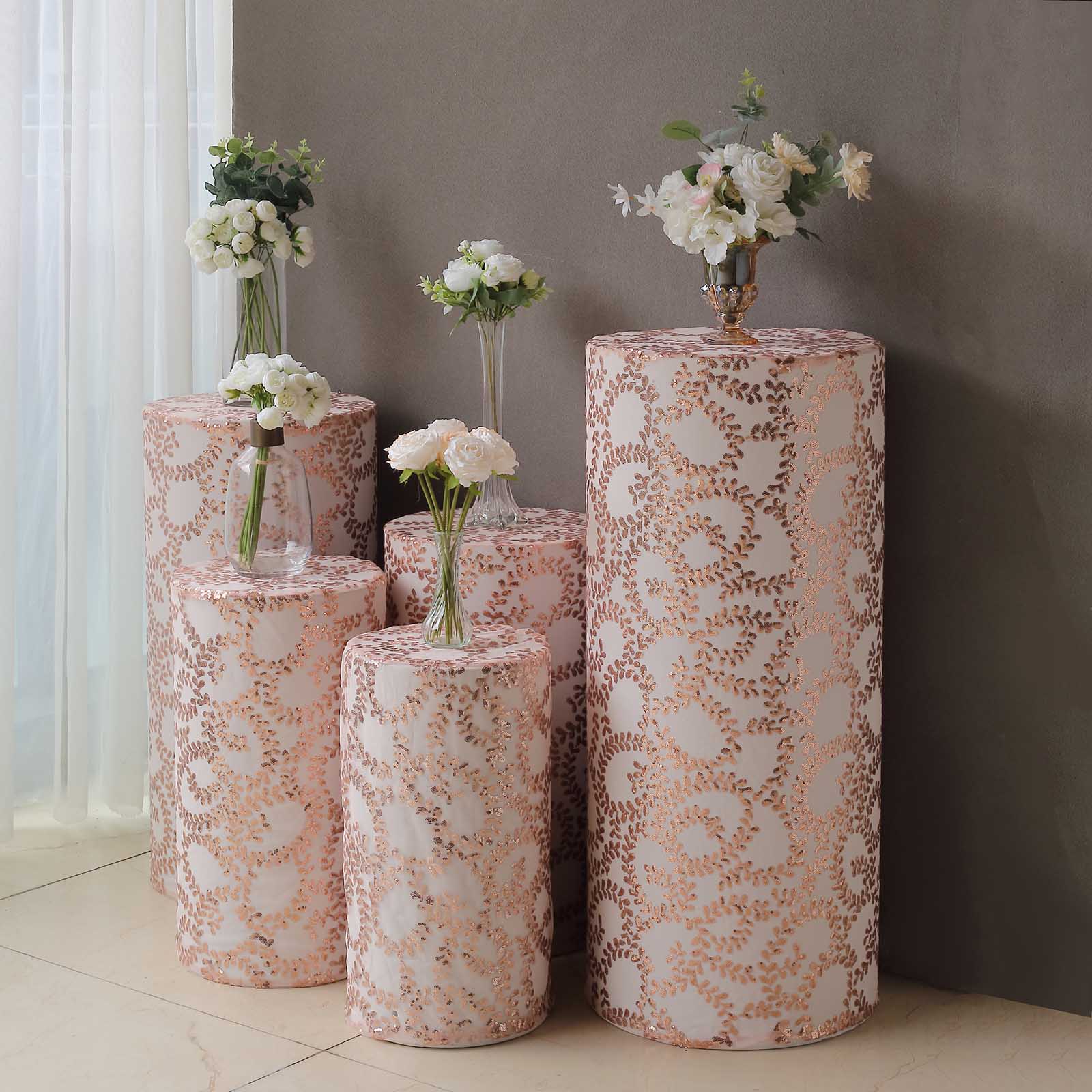 Set of 5 Sequin Mesh Cylinder Display Box Stand Covers with Leaf Vine ...