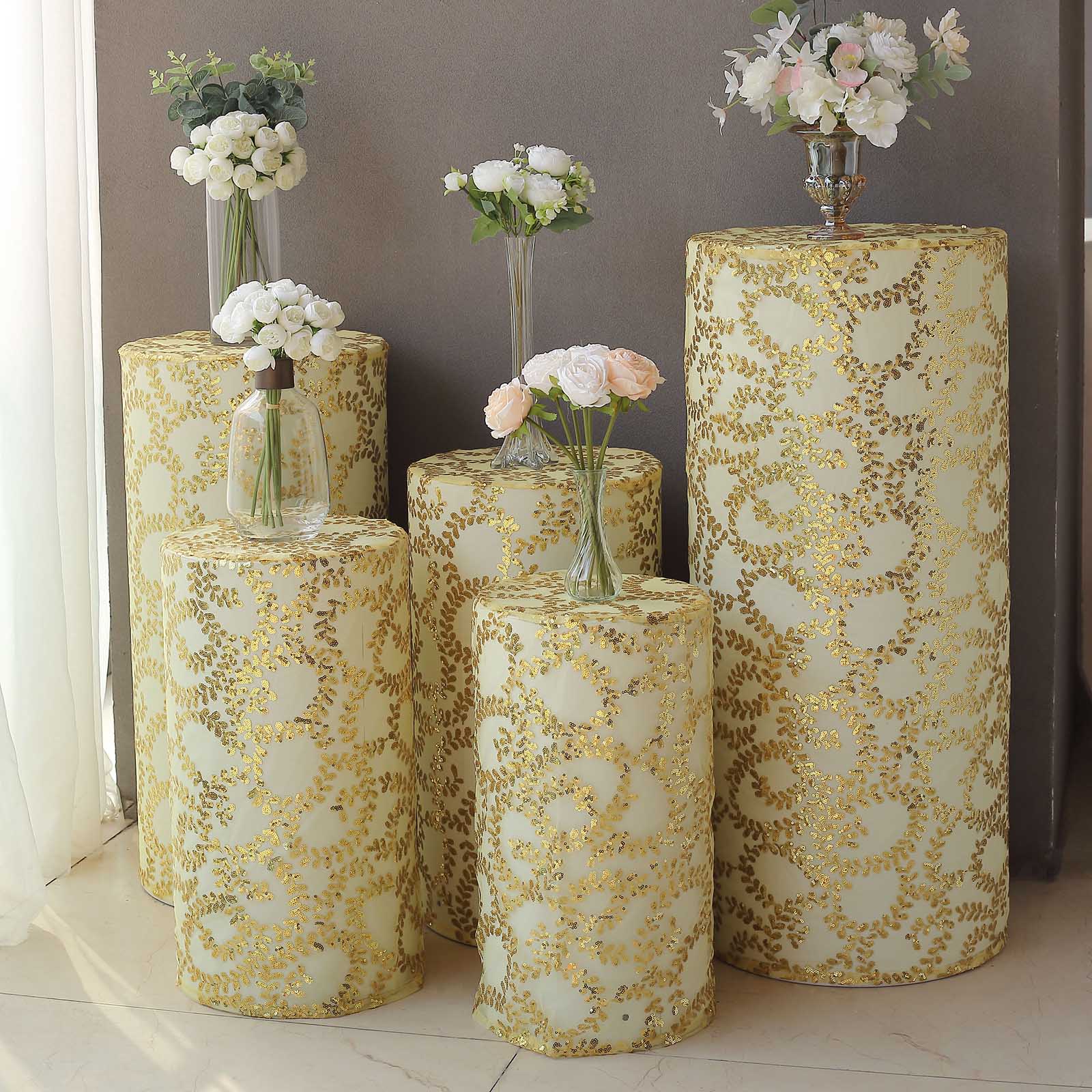 Set of 5 Sequin Mesh Cylinder Display Box Stand Covers with Leaf Vine ...