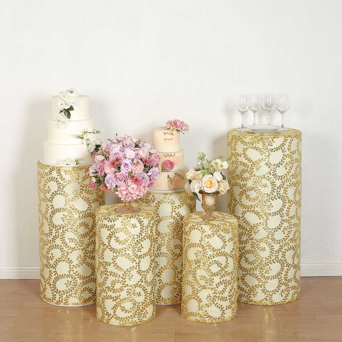 Set of 5 Sequin Mesh Cylinder Display Box Stand Covers with Leaf Vine ...