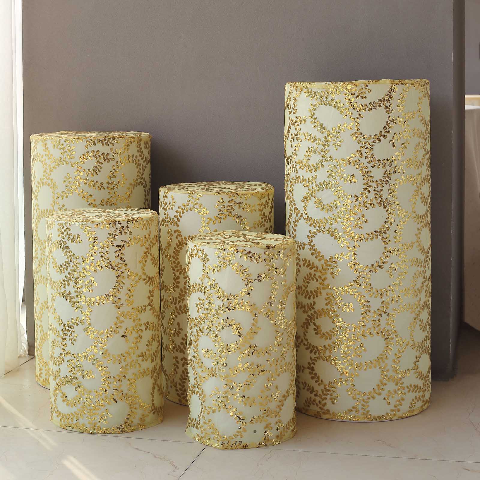 Set of 5 Sequin Mesh Cylinder Display Box Stand Covers with Leaf Vine ...
