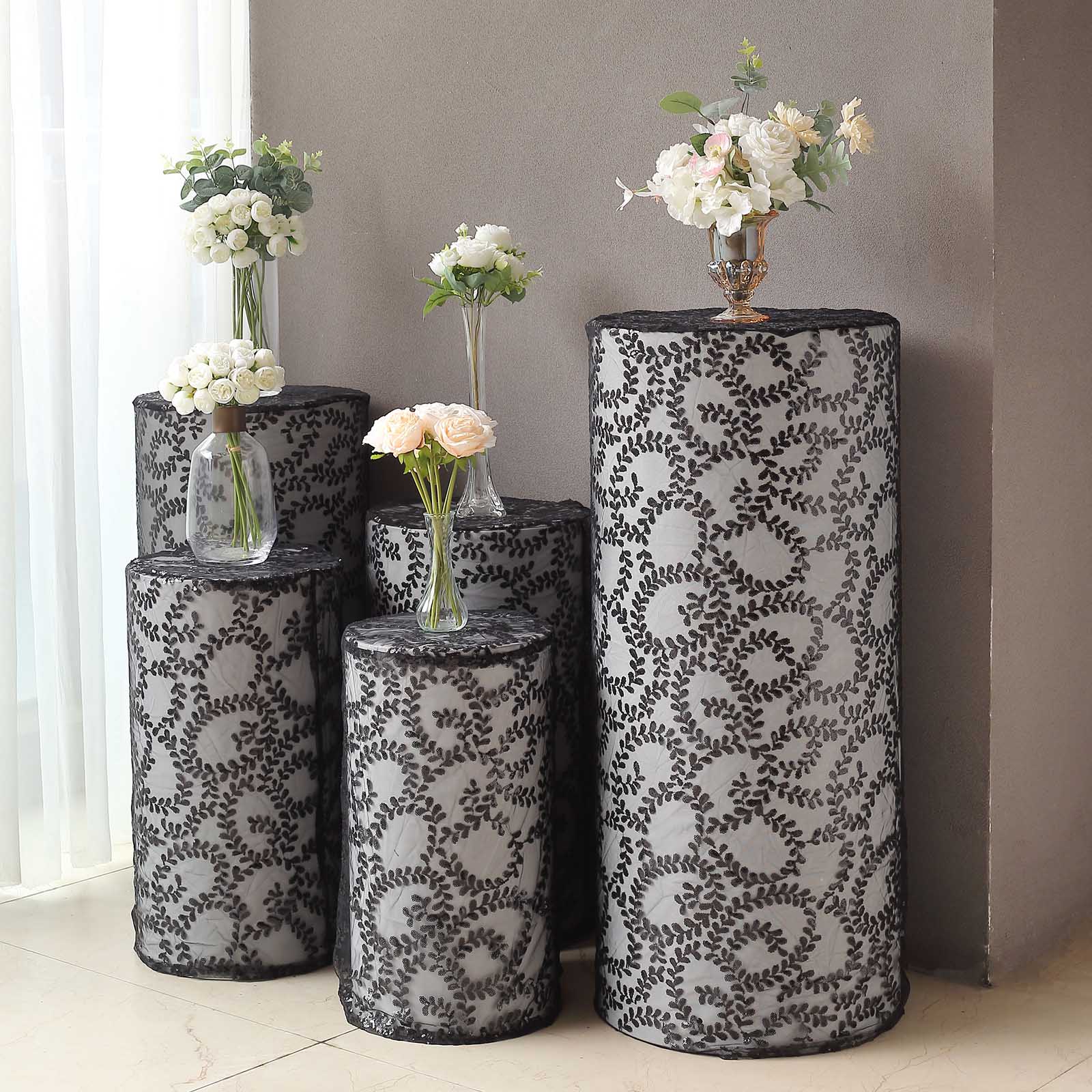 Set of 5 Sequin Mesh Cylinder Display Box Stand Covers with Leaf Vine ...