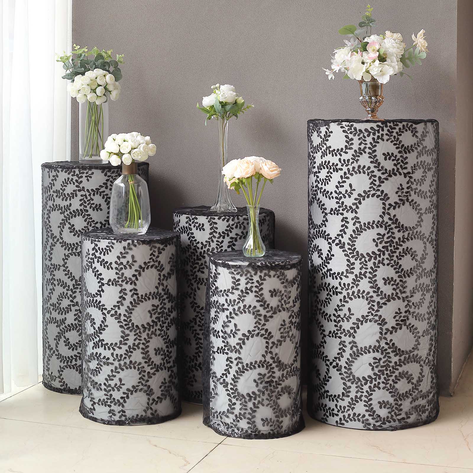 Set of 5 Sequin Mesh Cylinder Display Box Stand Covers with Leaf Vine ...