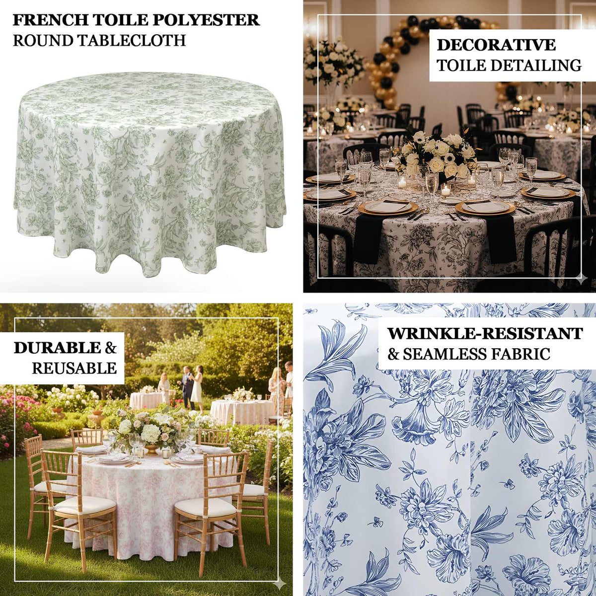 Polyester Round Tablecloth in French Toile Pattern 120" | eHomemart