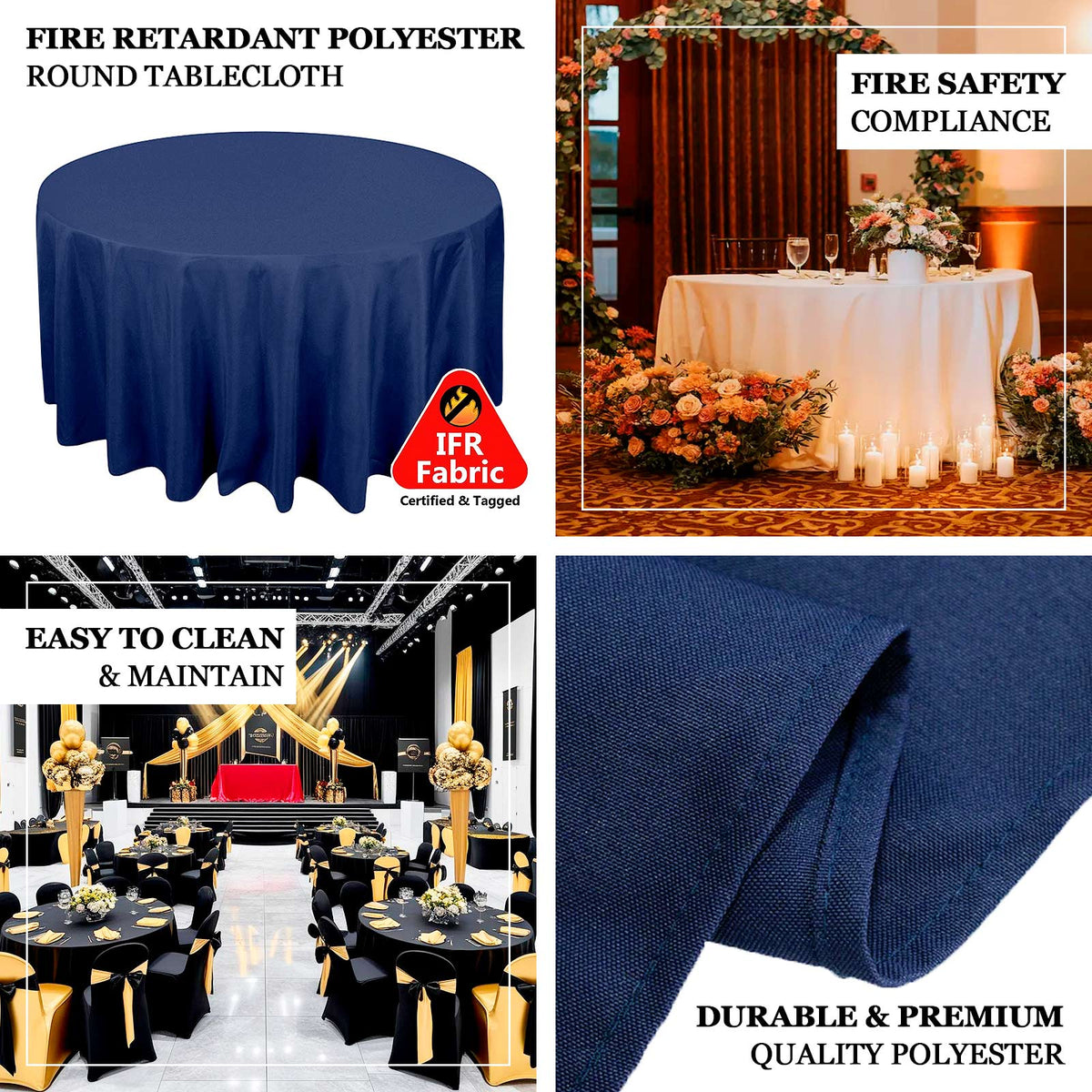 Fire Retardant Tablecloth 132" Seamless Premium Polyester Round Table ...