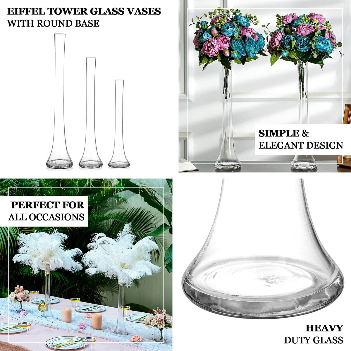 6 Pack Clear Heavy Duty Eiffel Tower Glass Vases with Round Base, Tall ...
