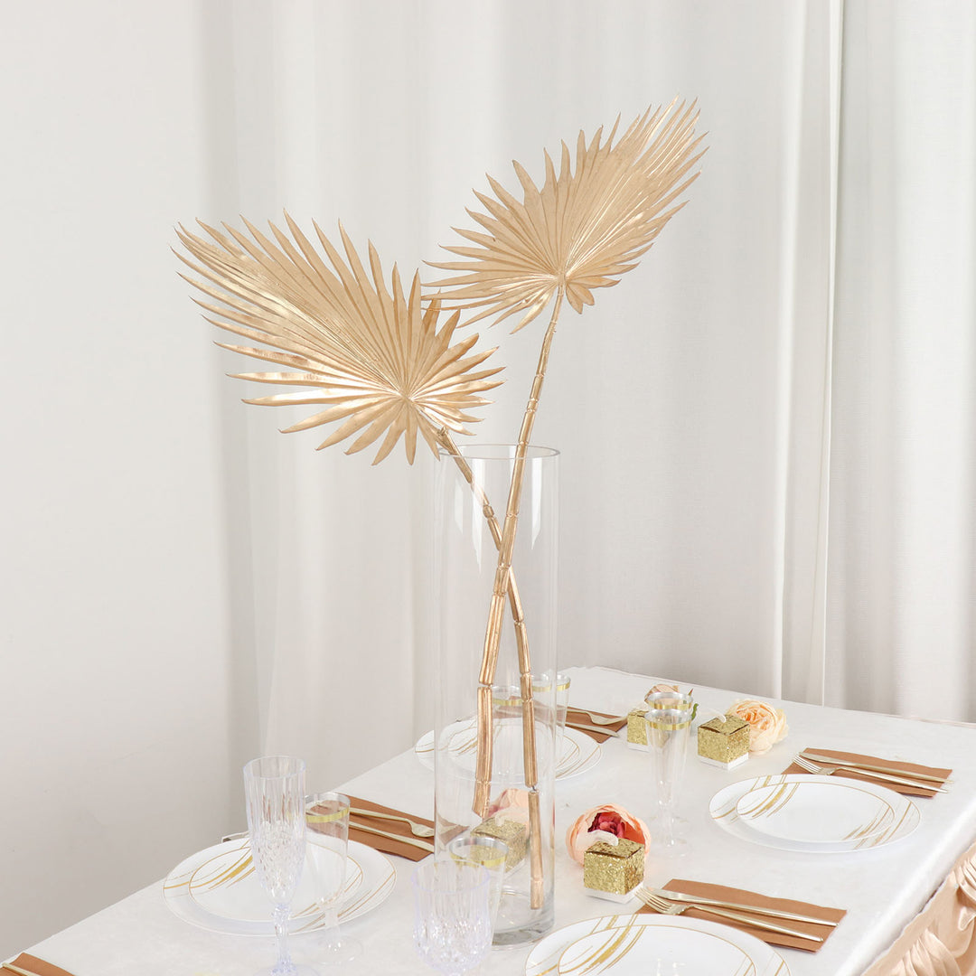 2 Pack Shiny Golden Artificial Tropical Plant Fan Palm Leaf Stems Faux Floral Arrangements Table Centerpiece Decor 34