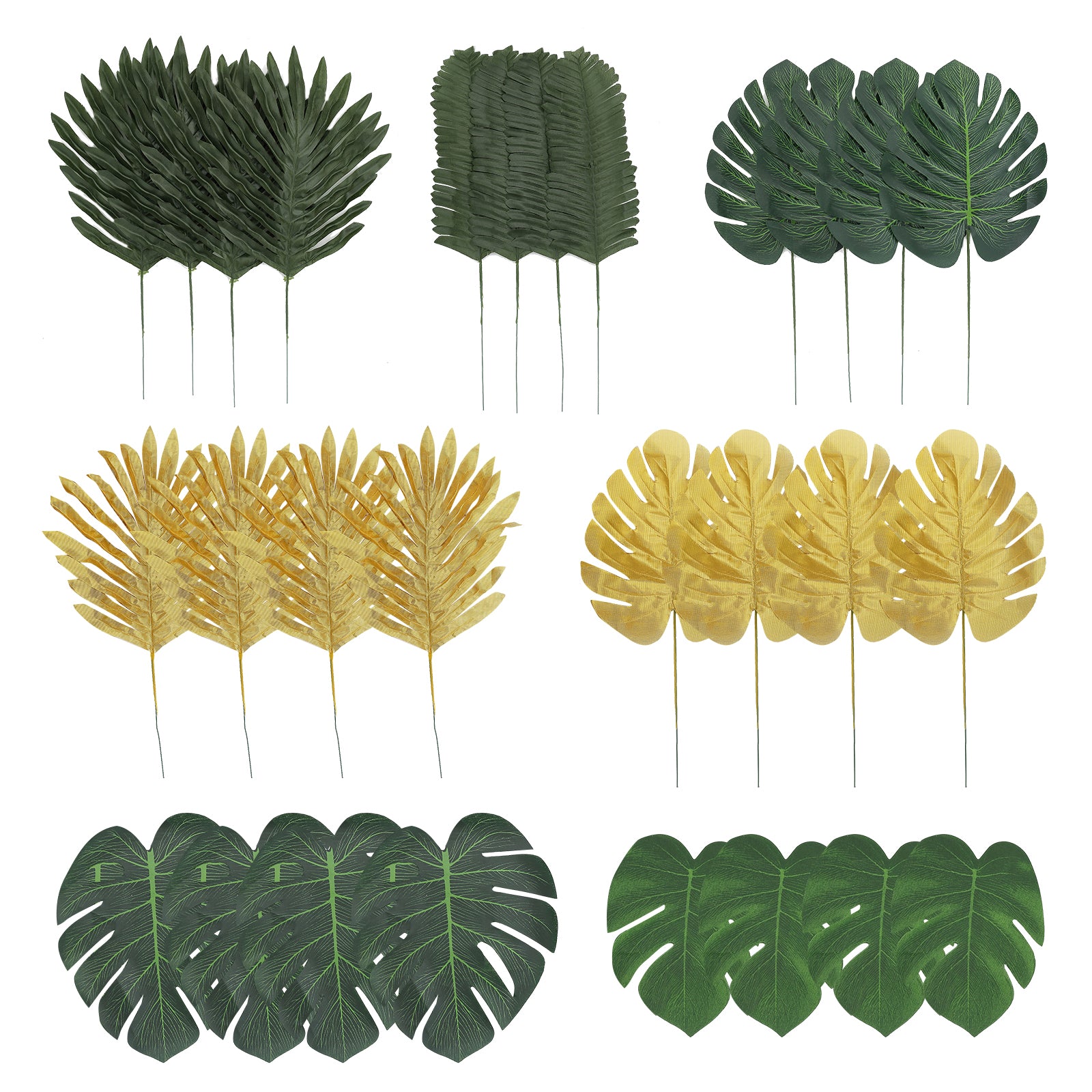 28 Pack | Green And Gold Artificial Jungle Theme Palm Leaves, Assorted ...