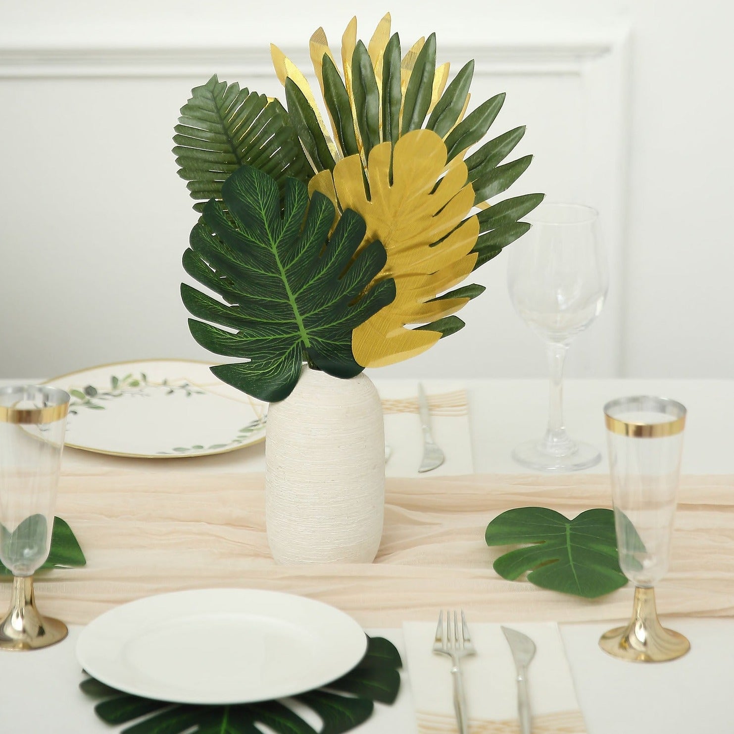 28 Pack | Green And Gold Artificial Jungle Theme Palm Leaves, Assorted ...