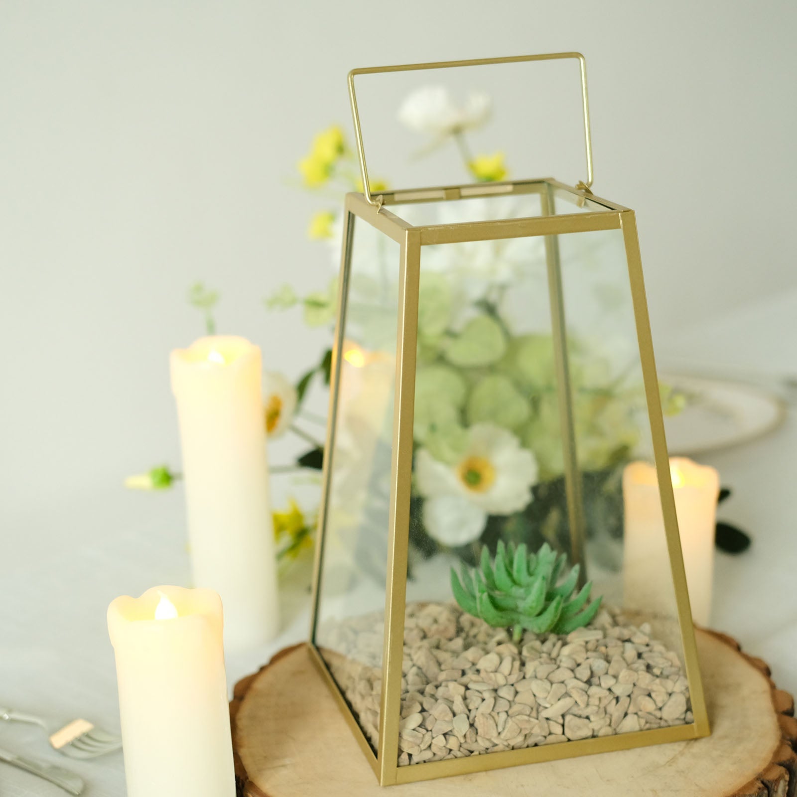 Gold Trapezoid Metal Candle Lantern, Geometric Hanging Terrarium, Table ...