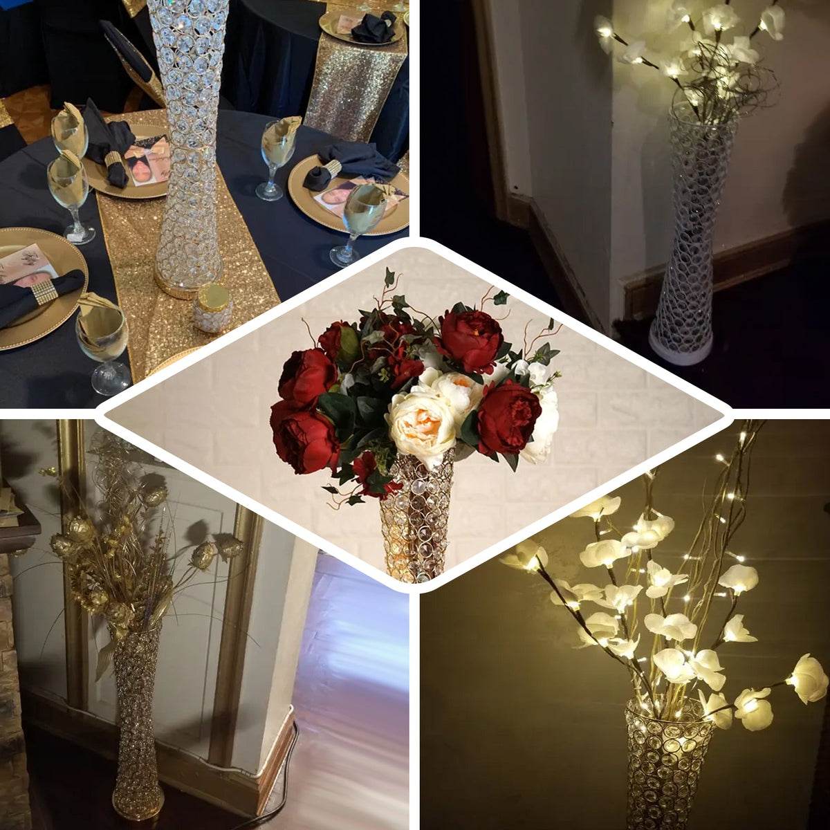 Gold And Crystal Beaded Hurricane Floral Vase Centerpiece – eHomemart