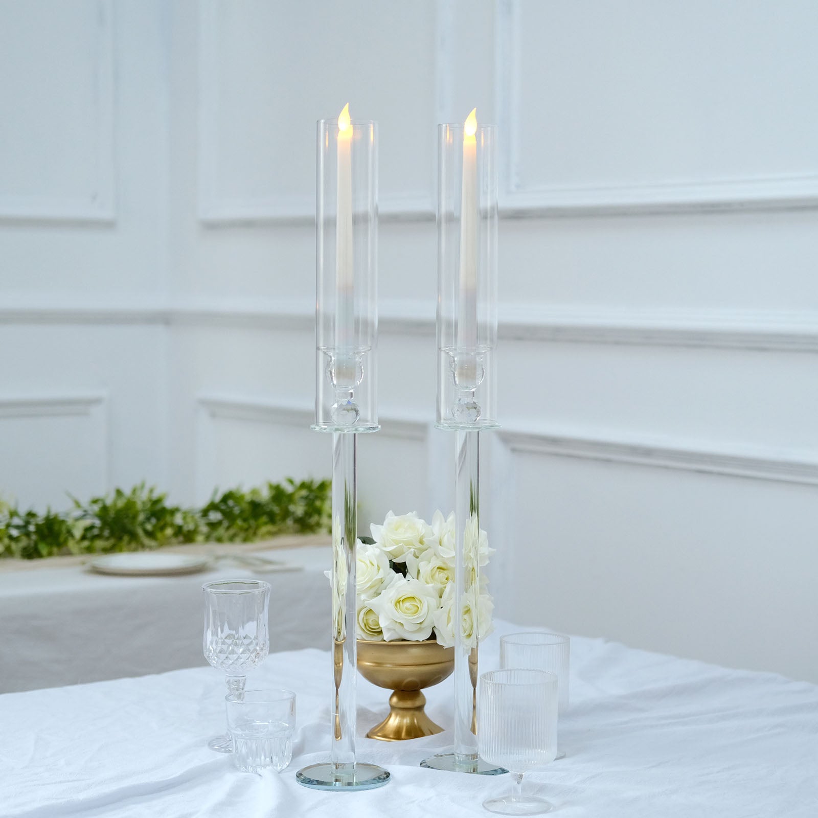 Clear Crystal Glass Hurricane Taper Candle Holders With Tall Cylinder ...