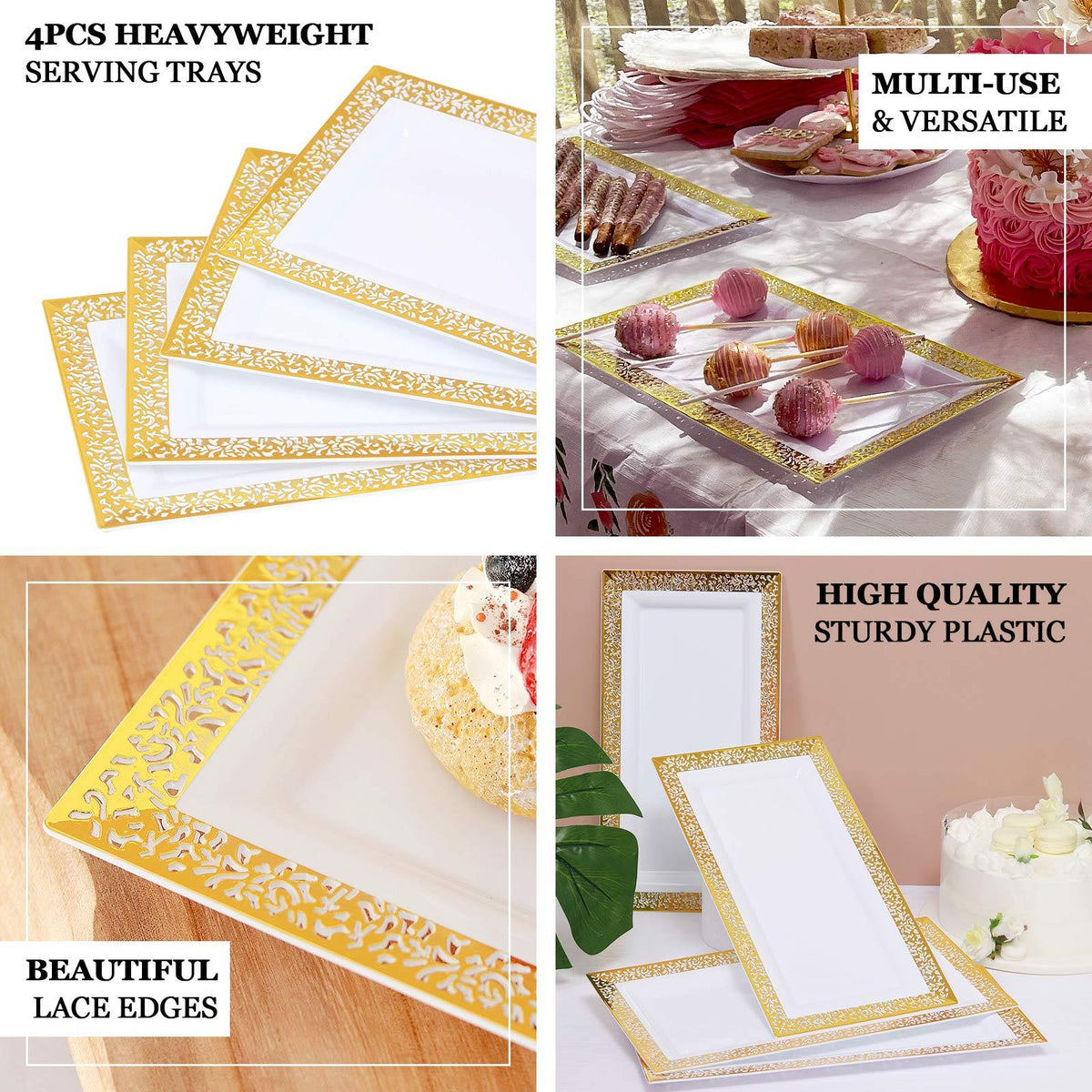 Gold Lace Print & White Rectangular Plastic Serving Trays, Decorative Coffee Table Trays | eHomemart