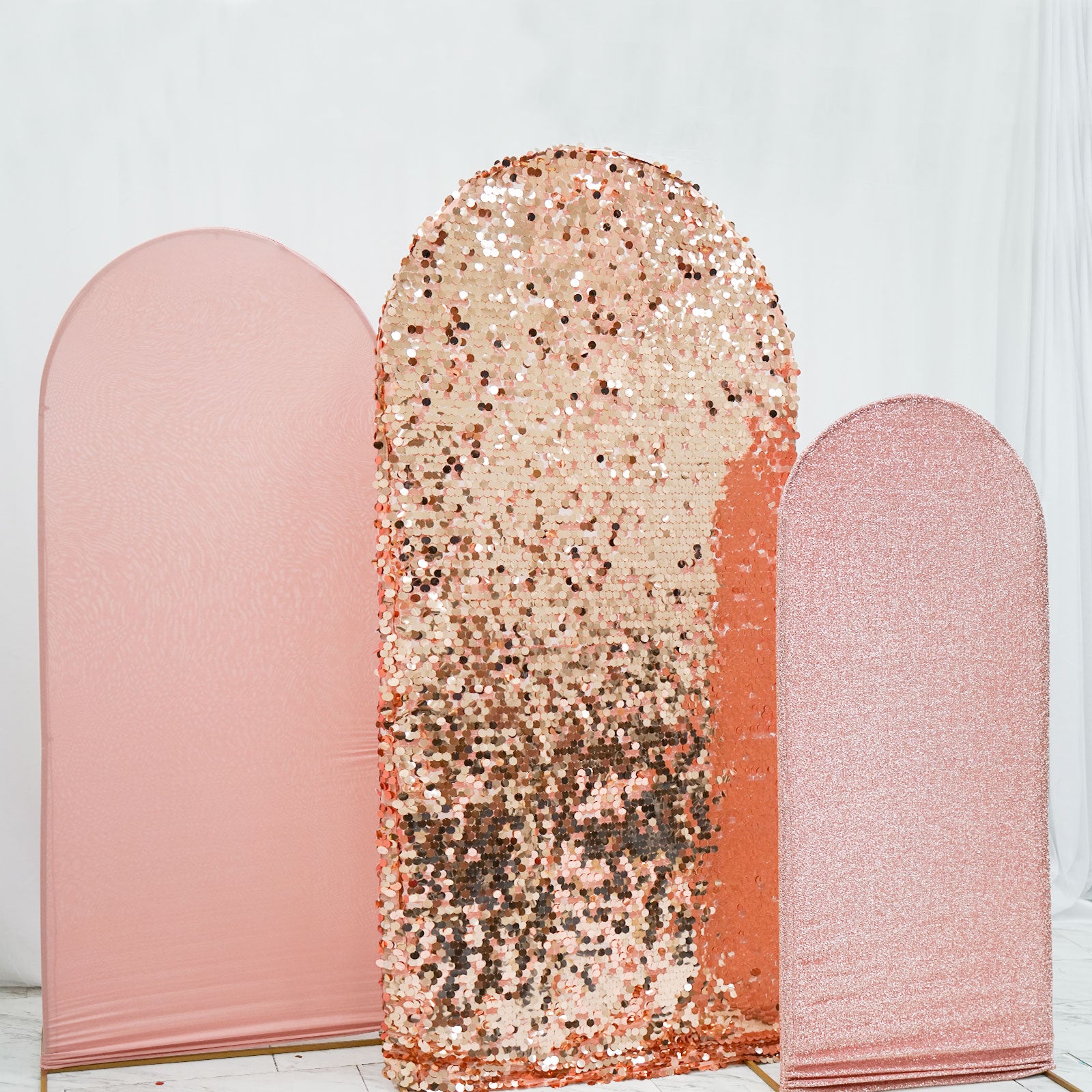 Set of 3 | Blush / Rose Gold Round Top Fitted Backdrop Stand Covers ...