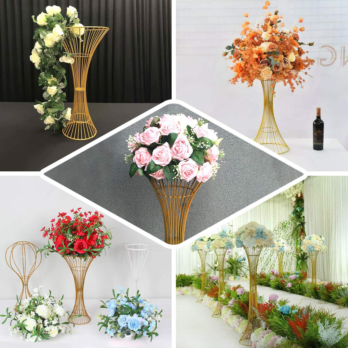 Gold Metal Wire Trumpet Shaped Flower Centerpiece Stand, Hourglass Open ...