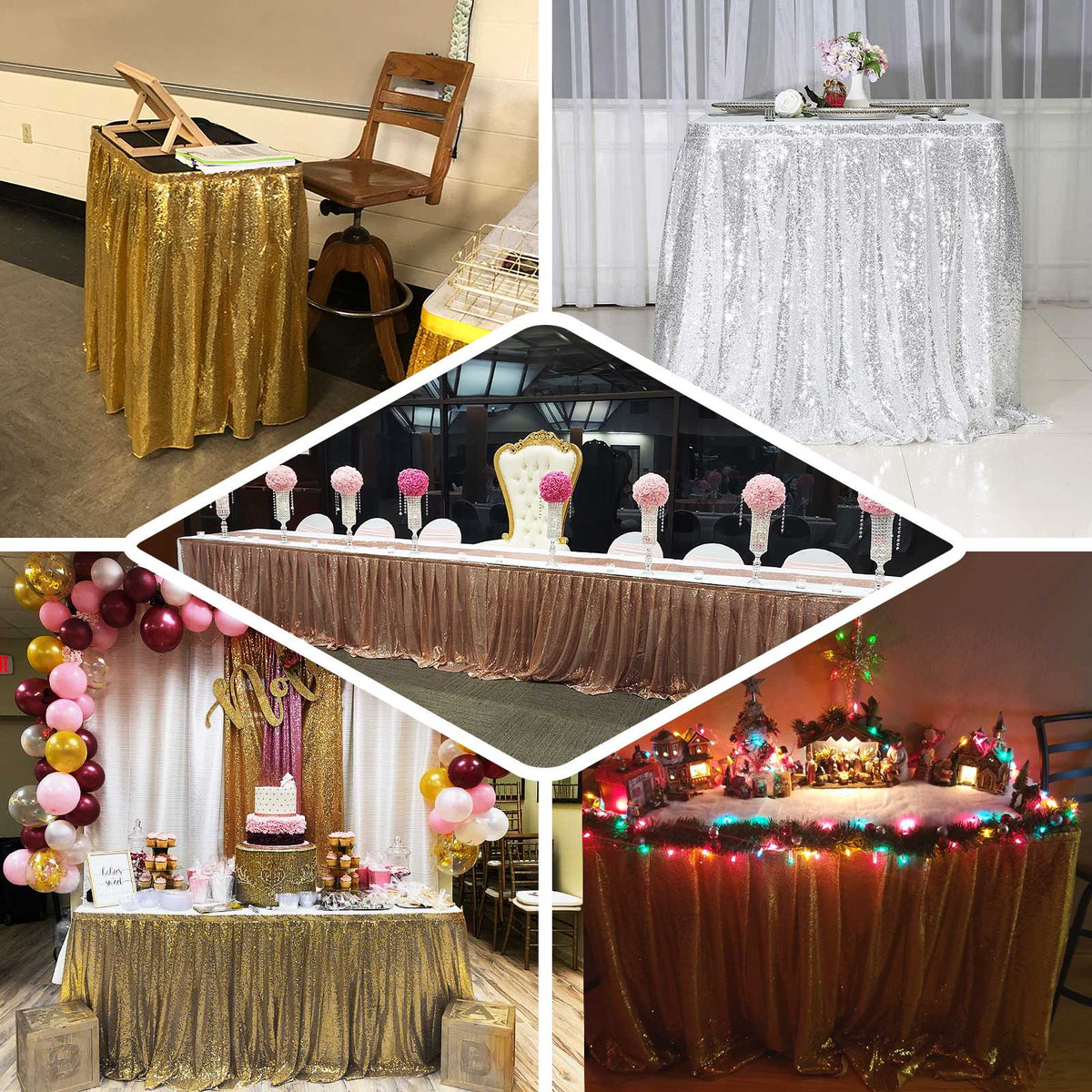 Sequin Pleated Satin Table Skirt With Top Velcro Strip 17ft – eHomemart